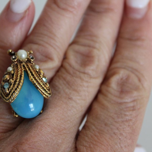 Jewelry | Vintage Lady Bug Ring Antique Gold Tone Blue Stone | Poshmark